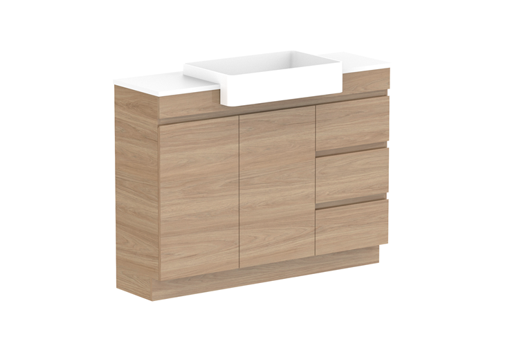 Glacier Lite Semi-Recess Door & Drawer Trio 1200mm Vanity on Kick with ...