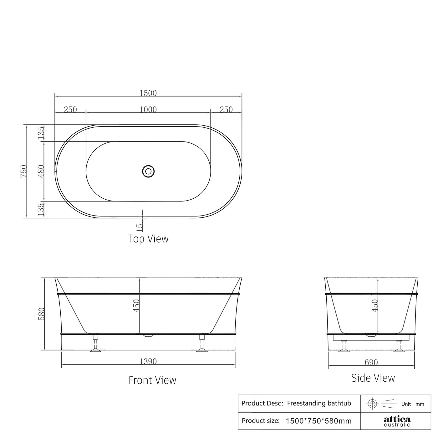 Bondi 1500mm Freestanding Bath - Gloss White